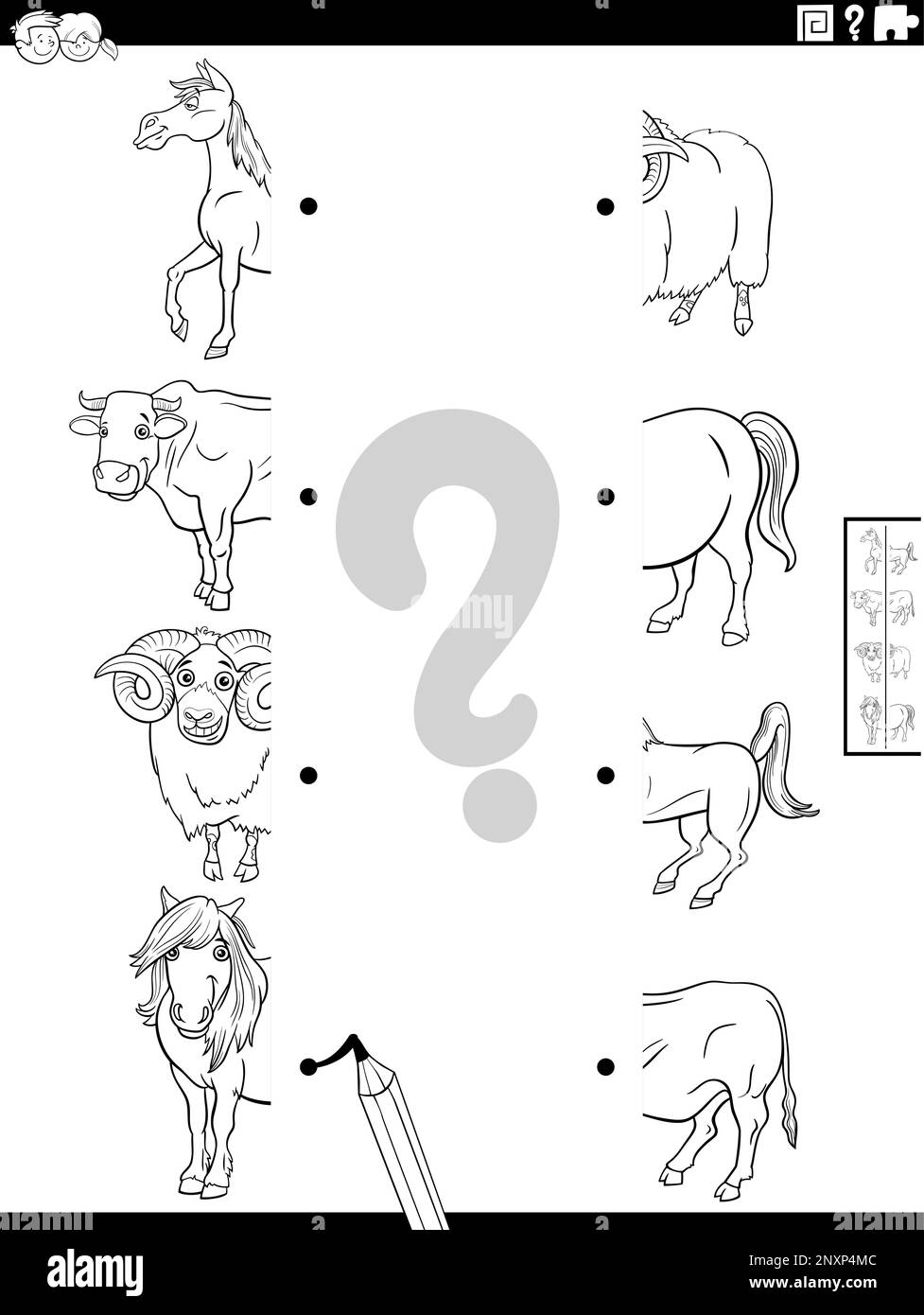 Black and white cartoon illustration of educational game of matching ...