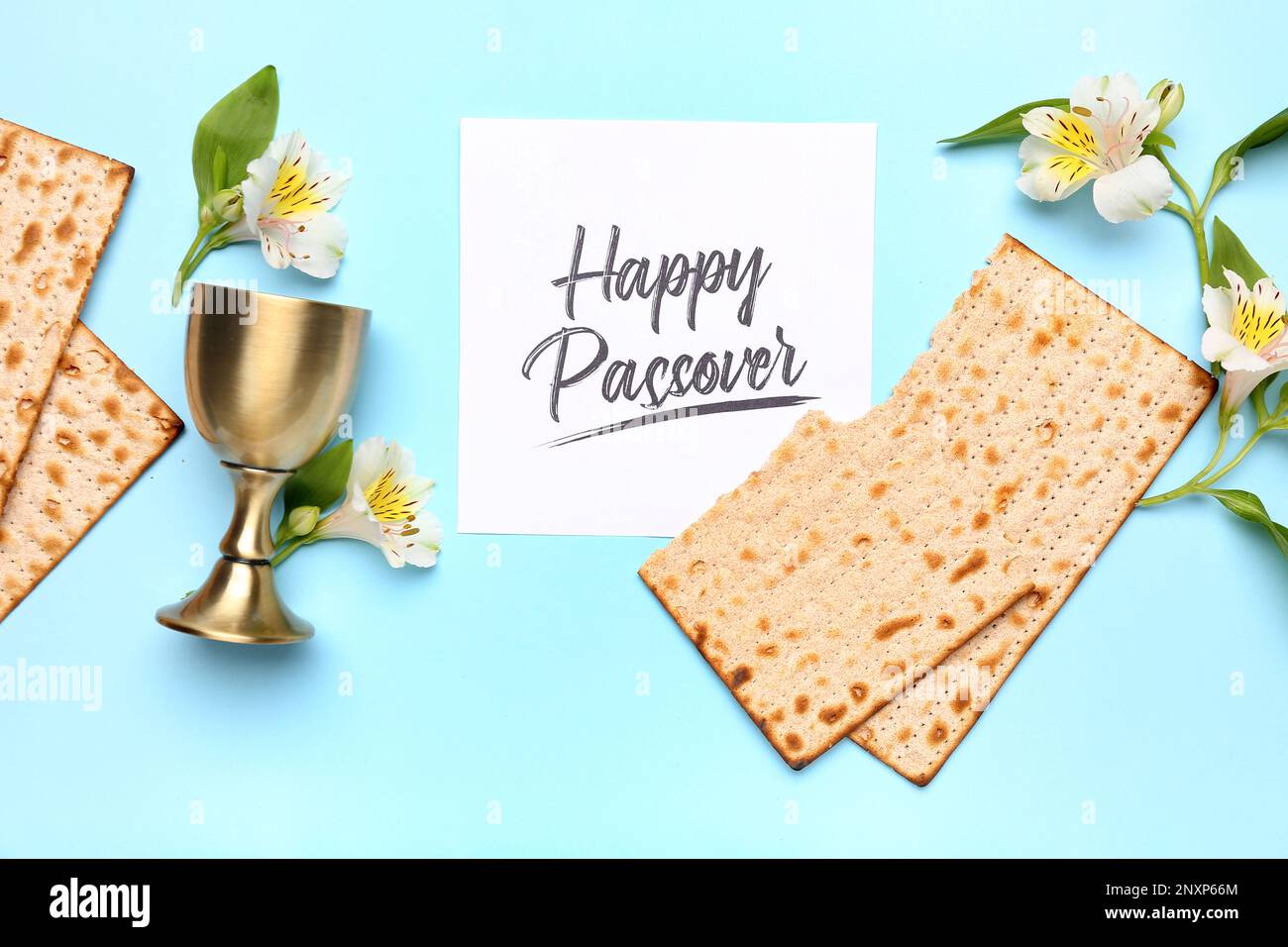 Composition with Jewish flatbread matza for Passover, card, cup and ...
