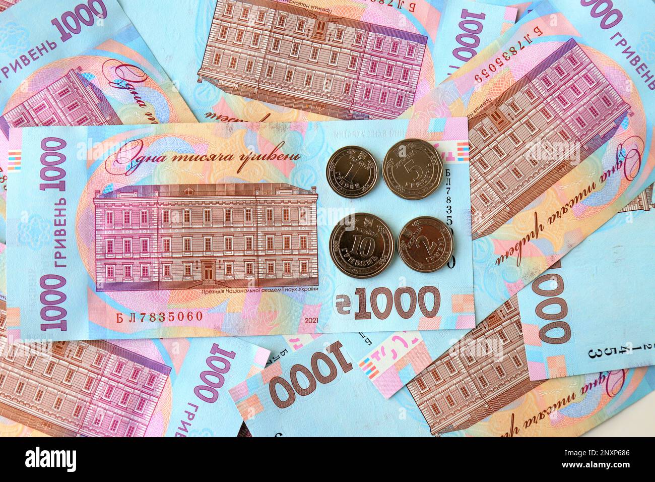 Ukrainian hryvnia, 1000 grivna banknotes and coins close-up, money ...