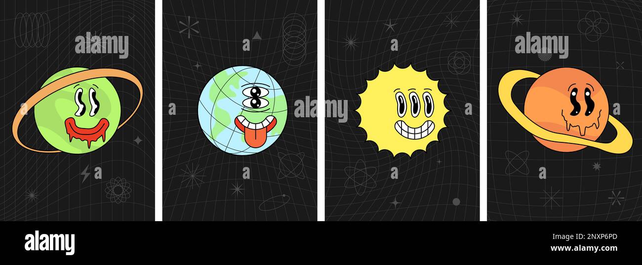 Retro groovy planet characters with melted smiley faces on abstract ...