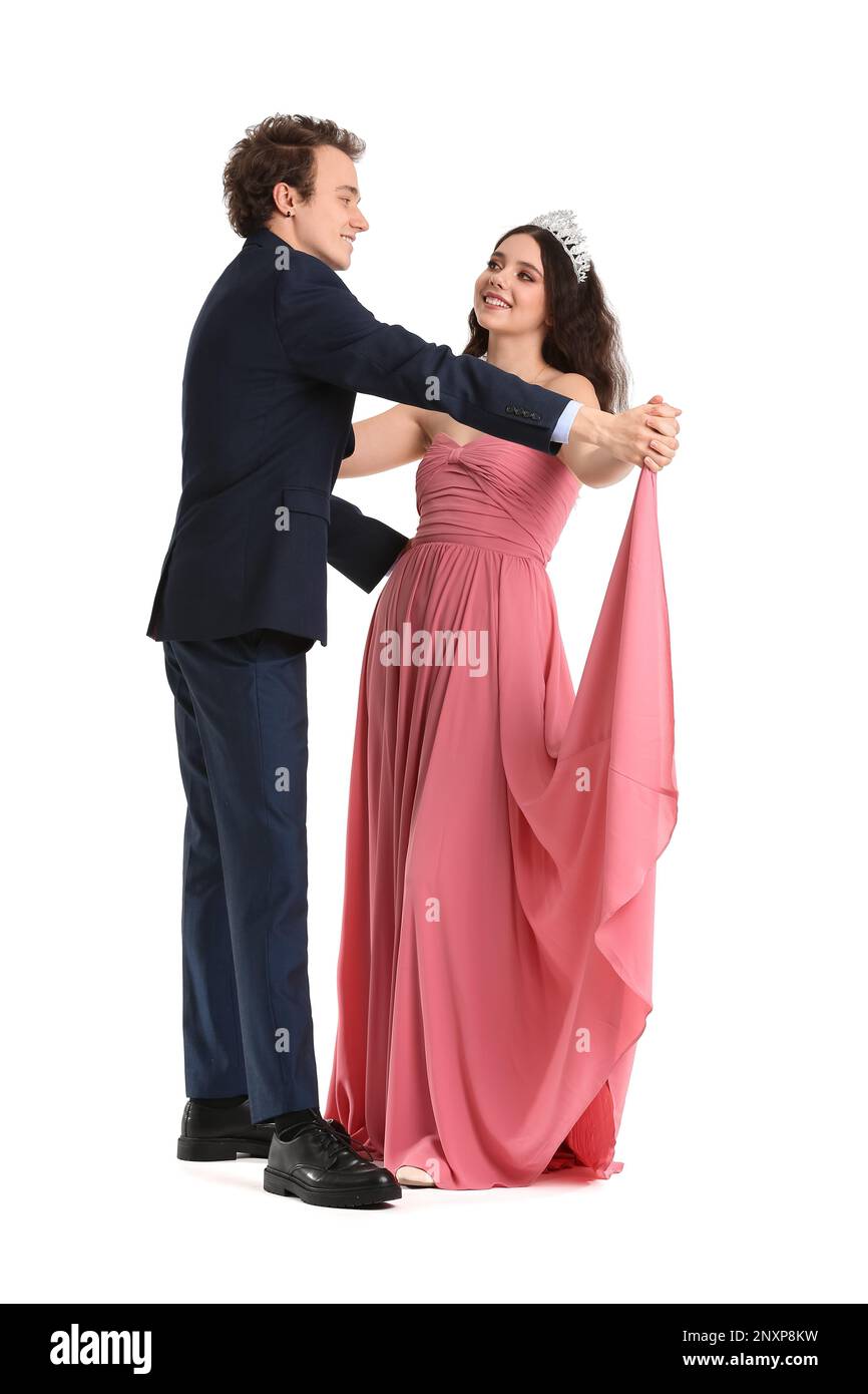 Beautiful couple dressed for prom dancing on white background Stock ...