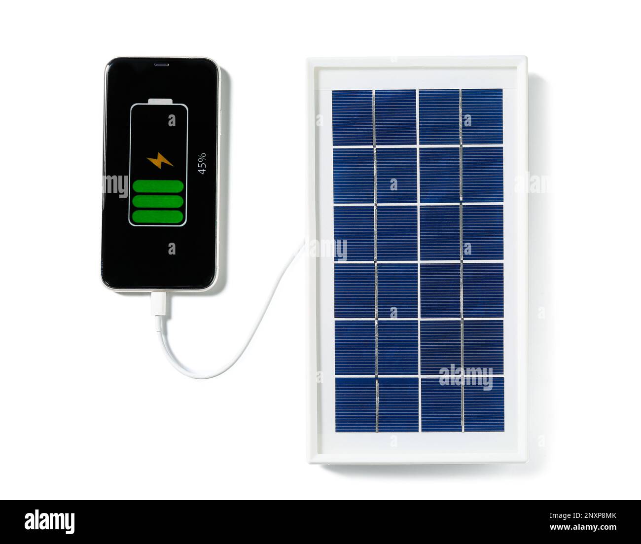 Portable solar panel charging mobile phone on white background Stock ...