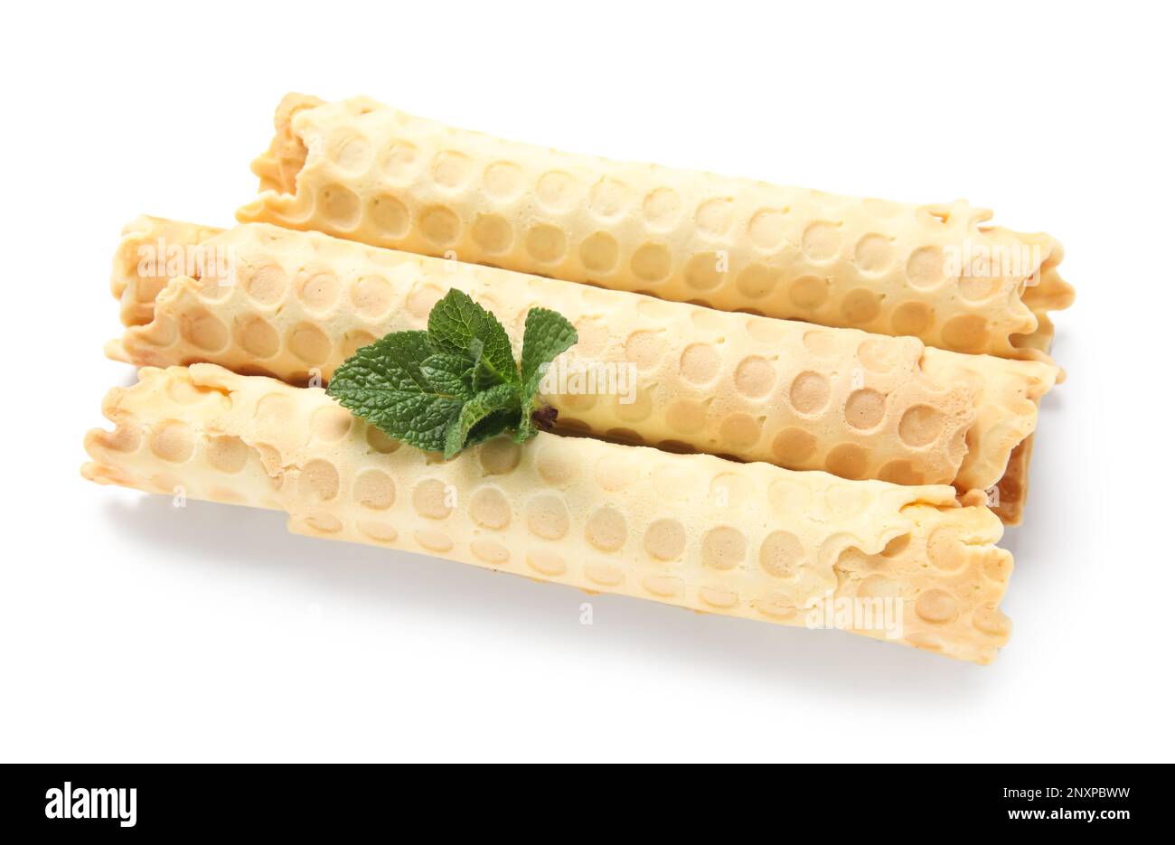 Delicious wafer rolls with mint isolated on white background Stock ...