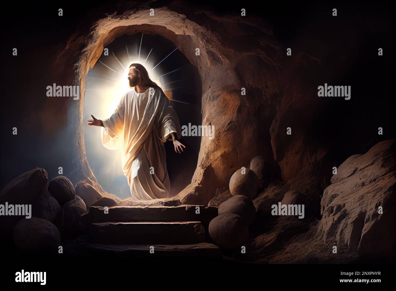 Christian Easter concept with Jesus Christ resurrection. Empty tomb of ...