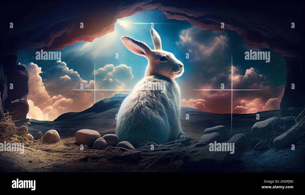 Christian Easter concept with white mystiacal rabbit. Jesus Christ ...