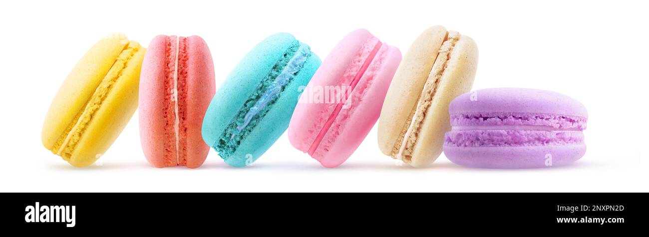 Multicolored macarons in a row, isolated on white background Stock ...