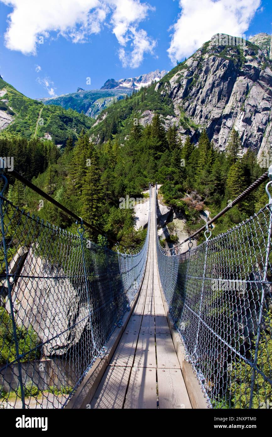 Suspension bridge, Gelmerbahn, Grimsel pass, canton Bern, Switzerland ...