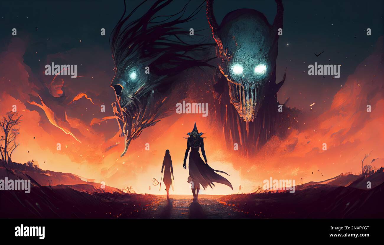 fearful fantasy nightmare creatures in fire, horror, devil, demon, horn ...