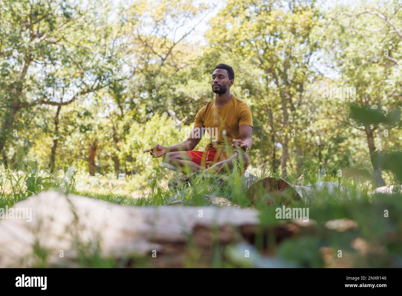 Happy african american man meditating with eyes closed, sitting in ...