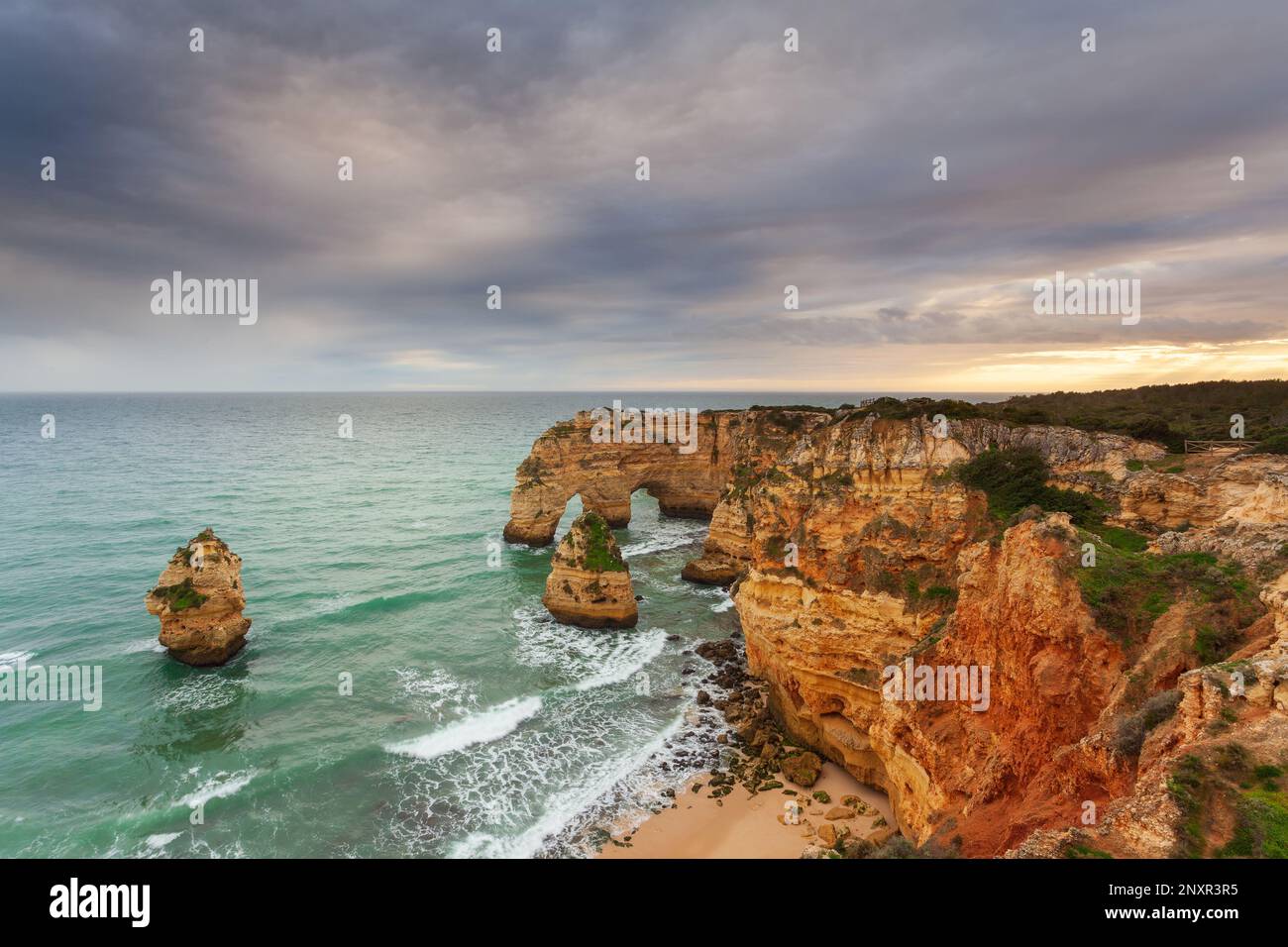 Landscape on the Algarve coast at sunset. Beach in southern Portugal ...
