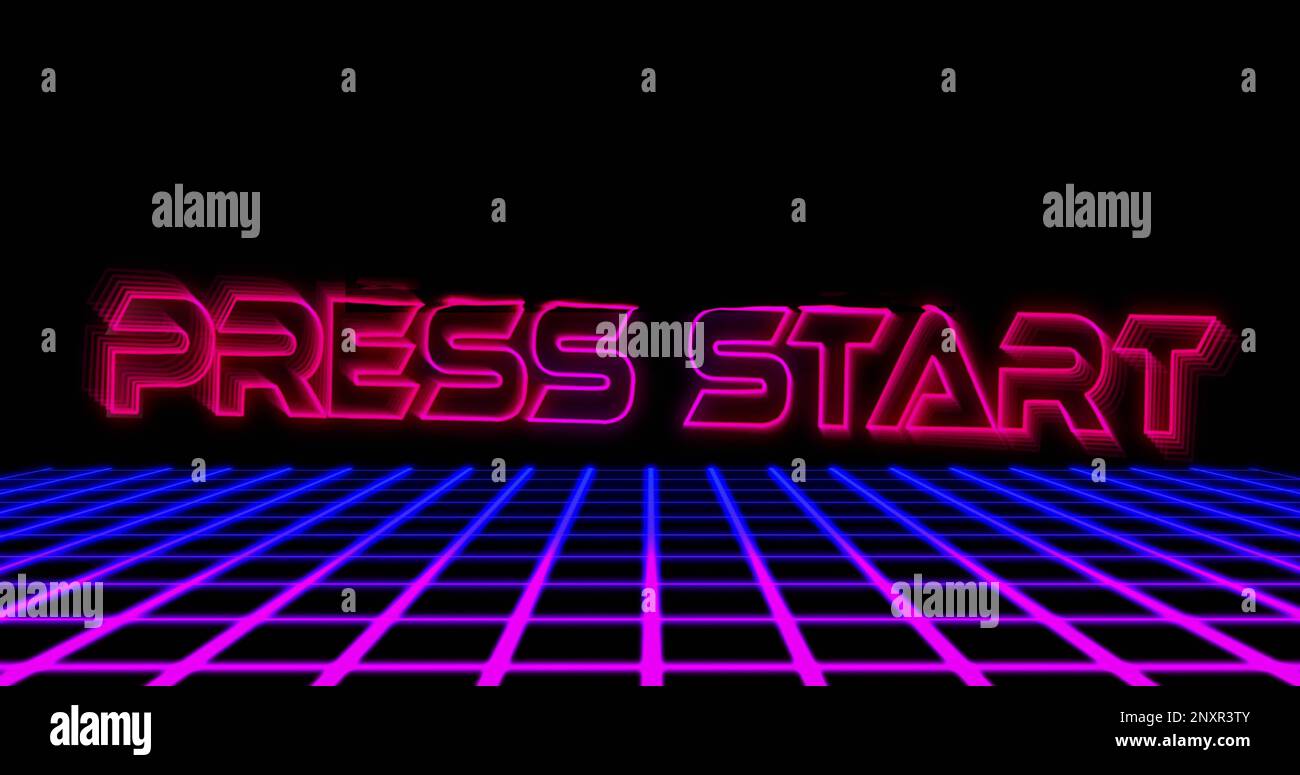 Composition of press start text in pink neon font over grid on black ...