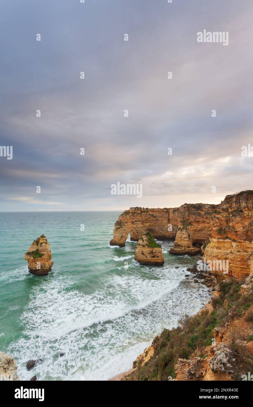Landscape on the Algarve coast at sunset. Beach in southern Portugal ...