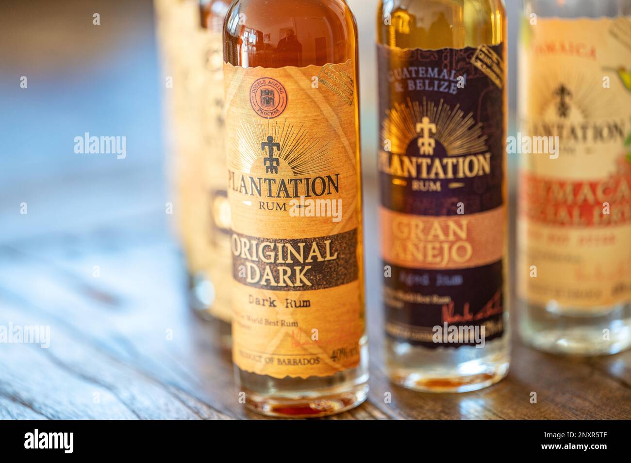 Sample bottles of Plantation Caribbean Rhum from Cognac Ferrand Stock ...