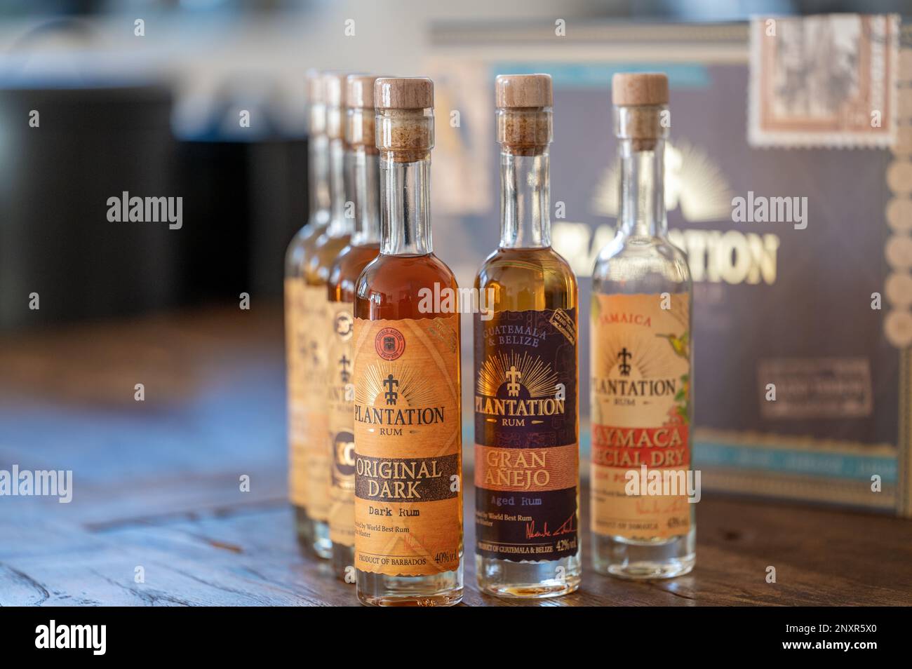 Sample bottles of Plantation Caribbean Rhum from Cognac Ferrand Stock ...