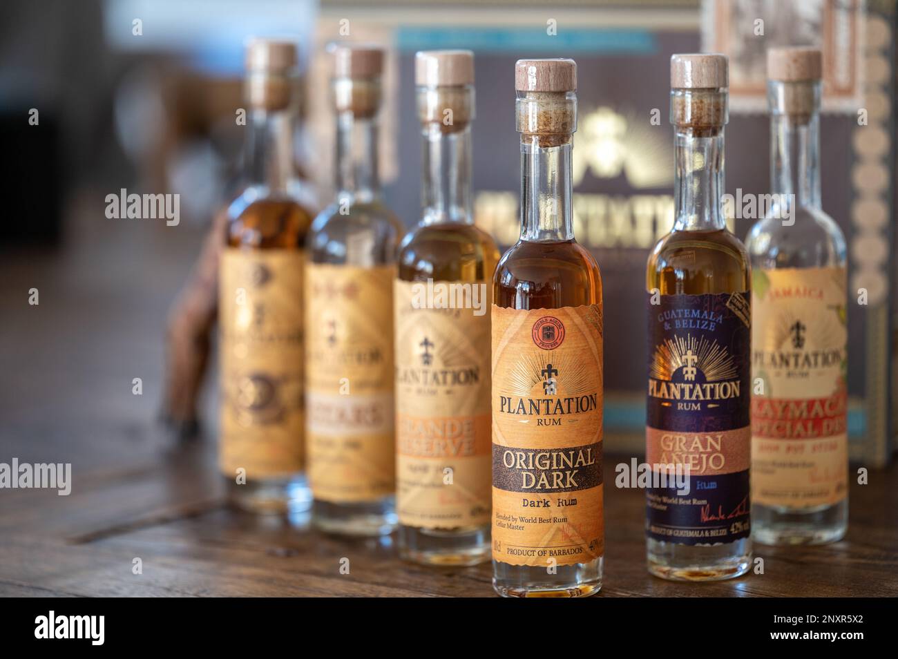 Sample bottles of Plantation Caribbean Rhum from Cognac Ferrand Stock ...