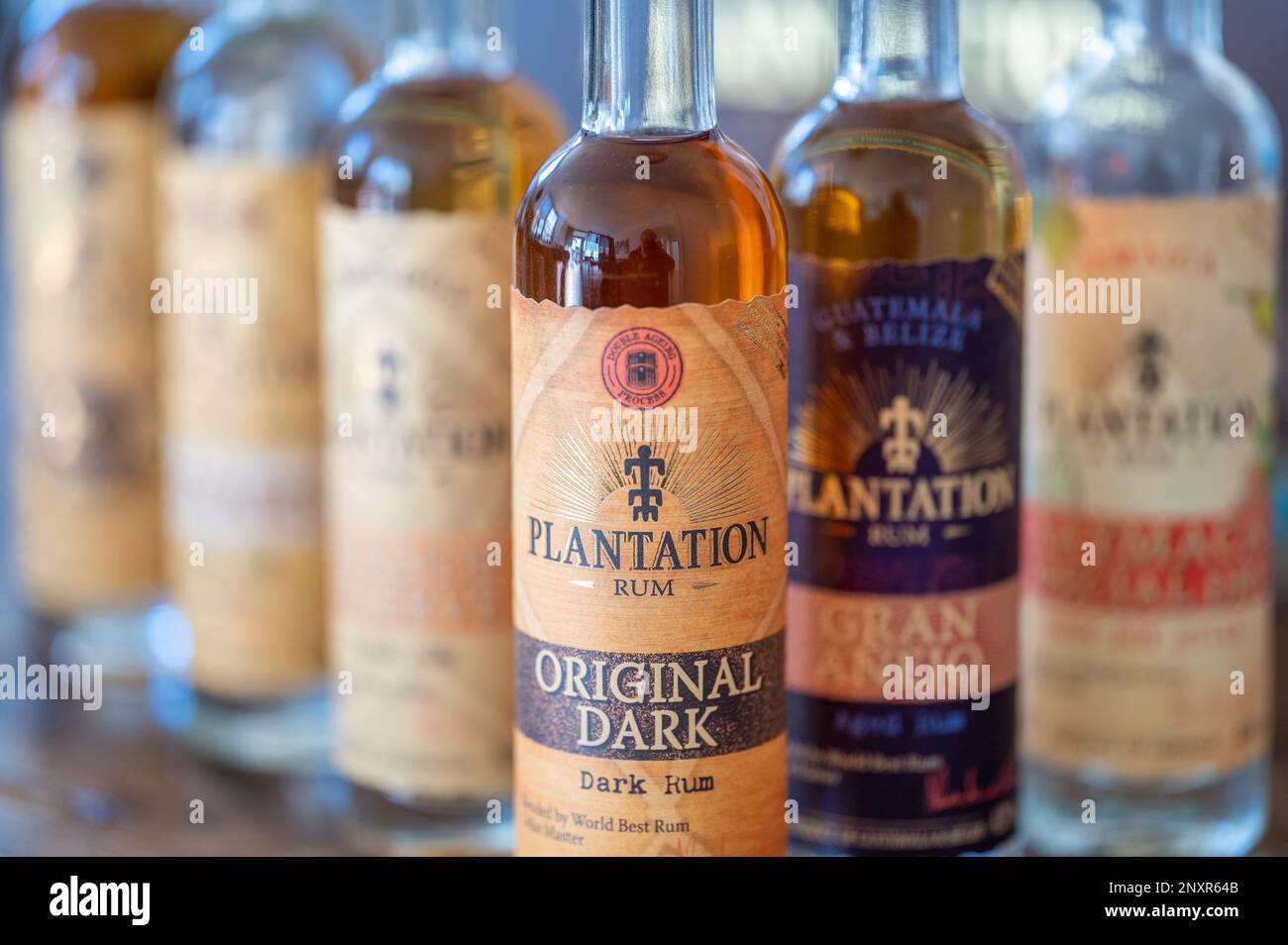 Sample bottles of Plantation Caribbean Rhum from Cognac Ferrand Stock ...