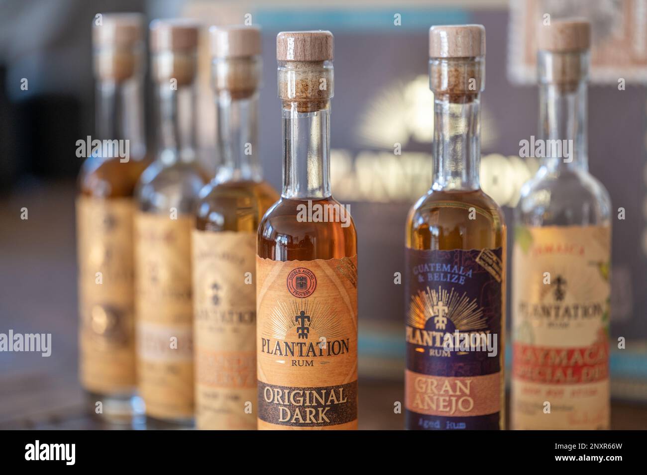 Sample bottles of Plantation Caribbean Rhum from Cognac Ferrand Stock ...