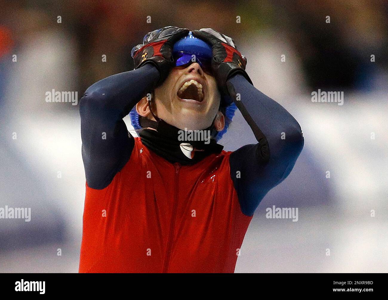 Maria Lamb reacts after competing in the women's mass start race during ...