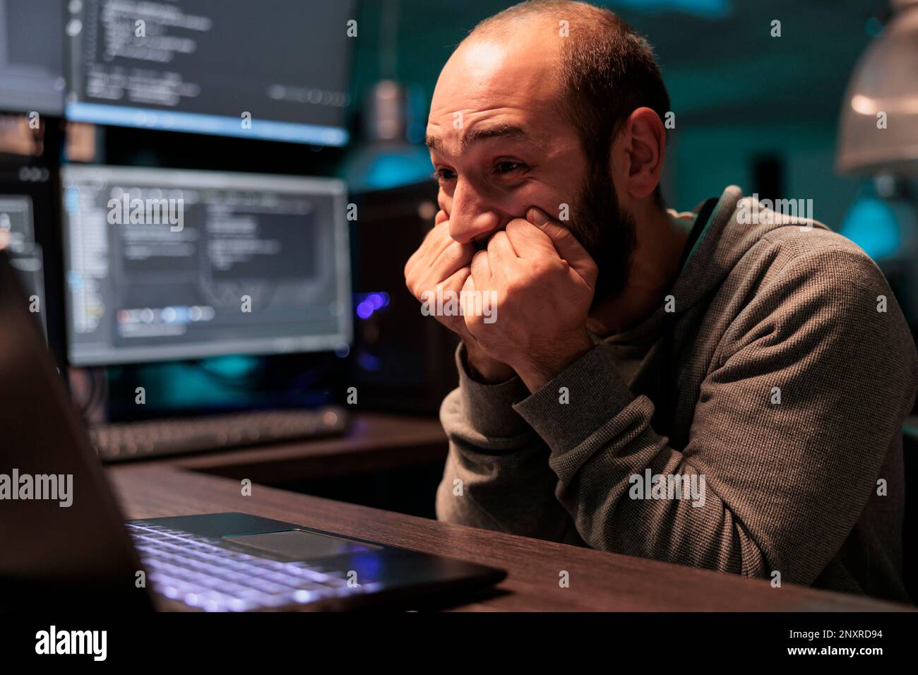 Smiling Software Engineer Celebrating Coding Achievement Feeling Pleased About App Programming