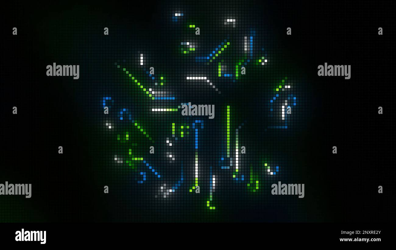 Black background with flashing lines of circles. Motion. Green, white ...