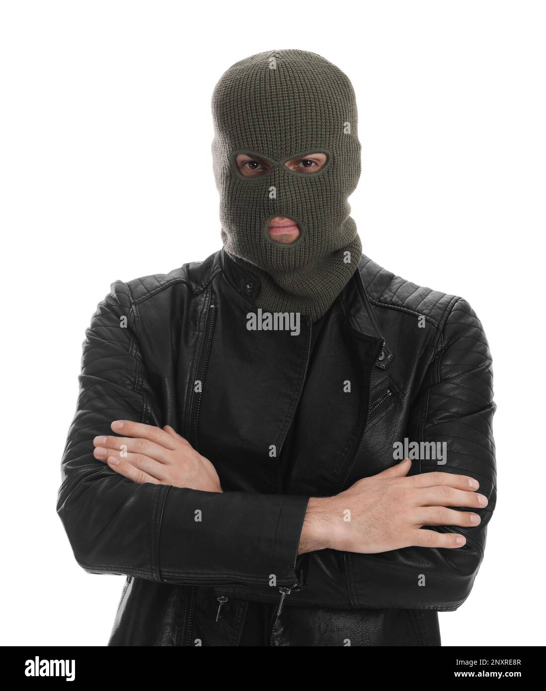 Man wearing knitted balaclava on white background Stock Photo - Alamy