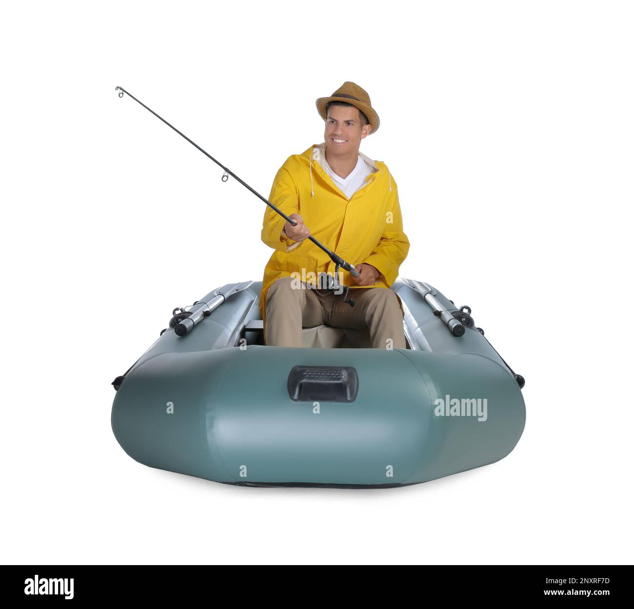 Man fishing with rod from inflatable rubber boat on white background ...