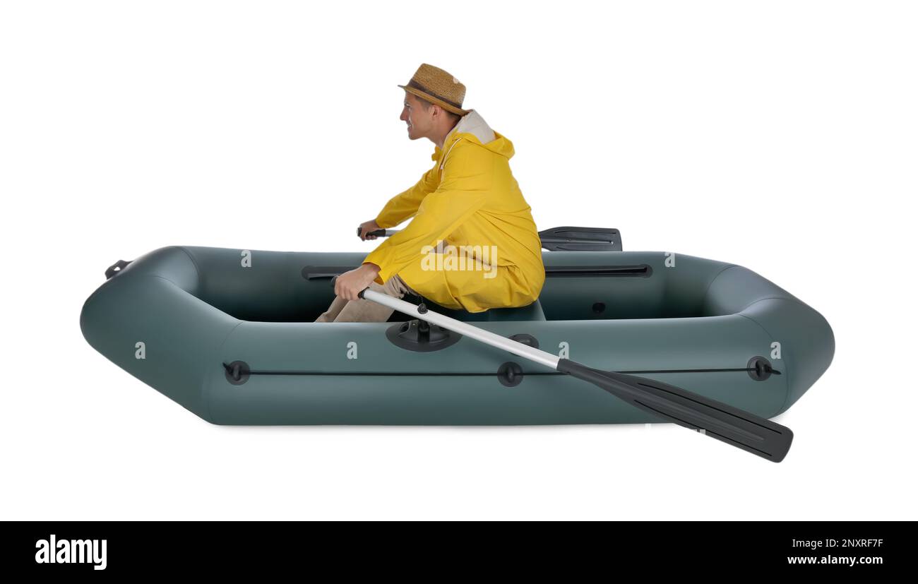 Man rowing inflatable rubber fishing boat on white background Stock ...