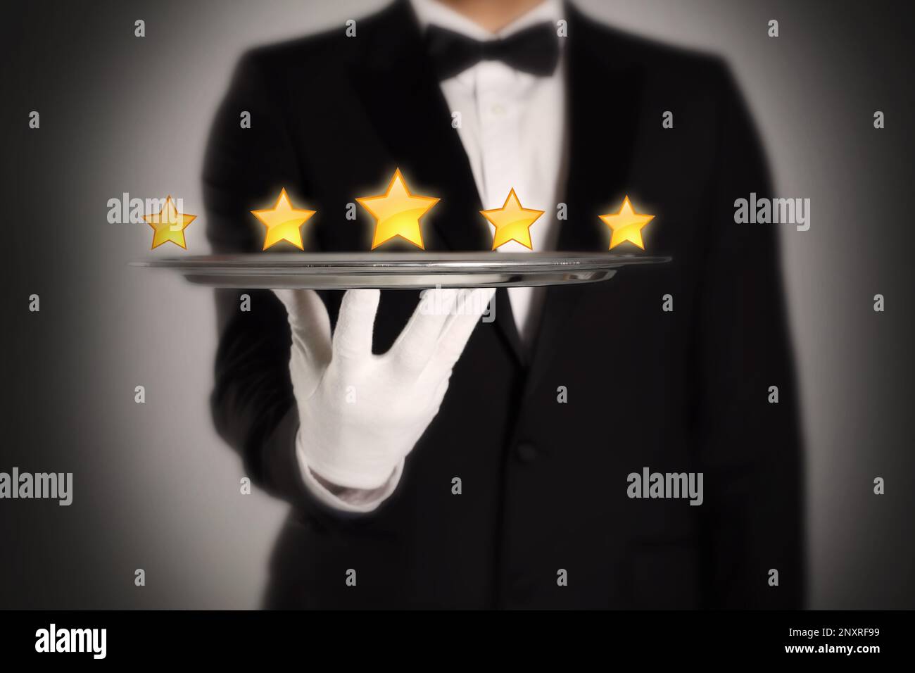 Five Star Luxury Hotel. Waiter with tray on grey background, closeup ...
