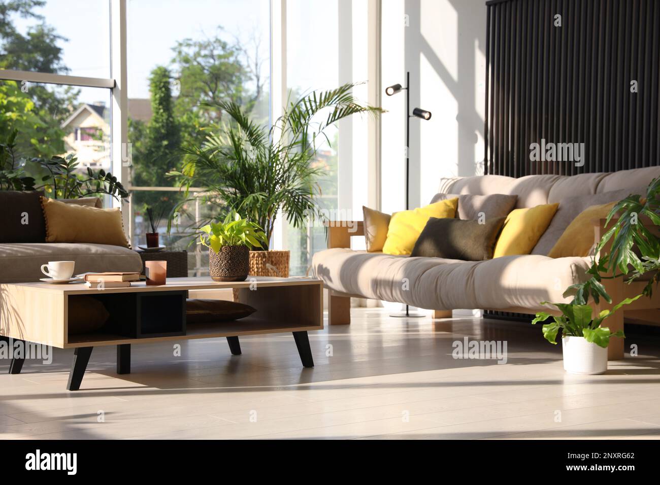 Indoor terrace interior with modern furniture and houseplants Stock ...