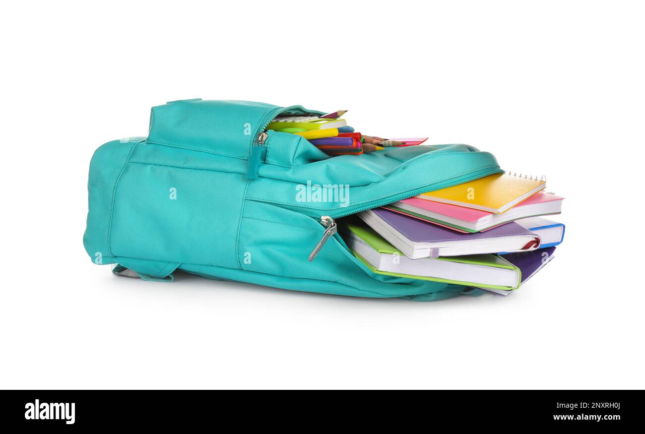 Turquoise backpack with different school supplies isolated on white ...