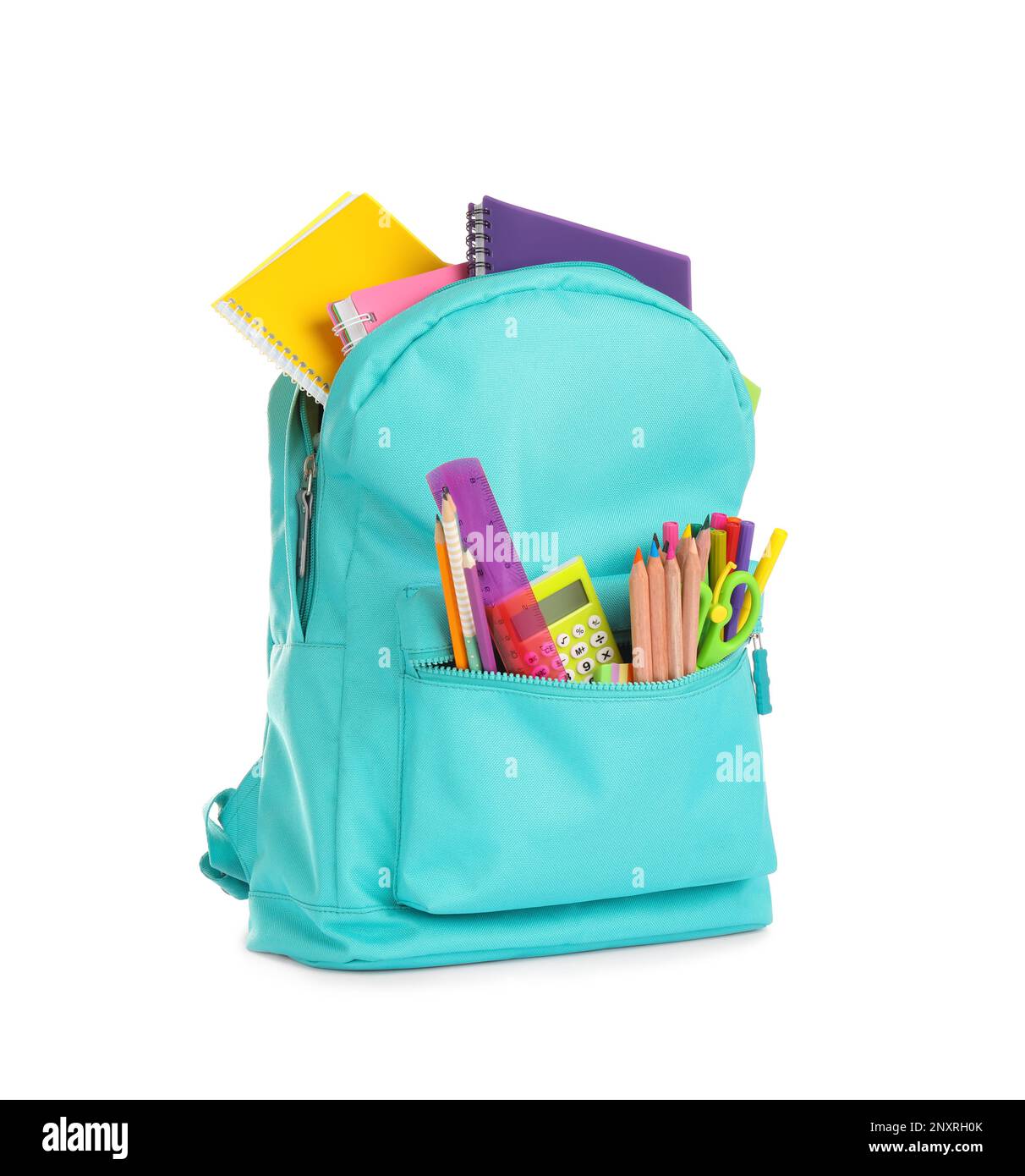 Turquoise backpack with different school supplies isolated on white ...