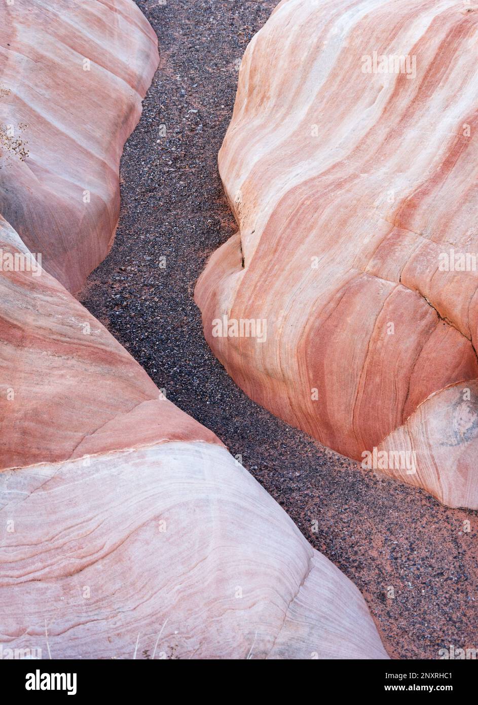 detail of a dry stream channel between smooth layered sandstone bedrock ...