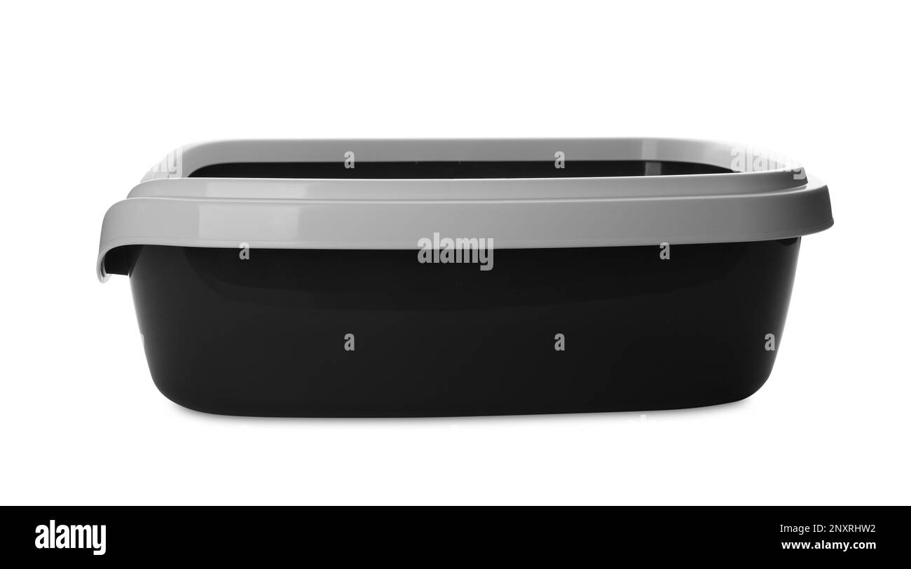 Black cat litter tray isolated on white Stock Photo - Alamy