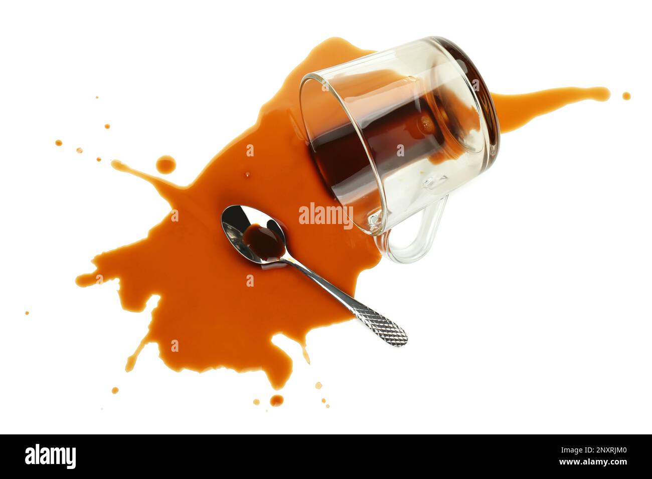 Overturned cup and spilled coffee on white background Stock Photo - Alamy