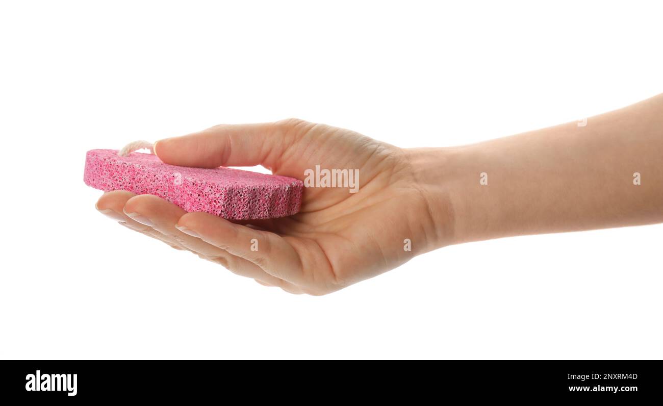 Woman holding pink pumice stone on white background, closeup Stock ...