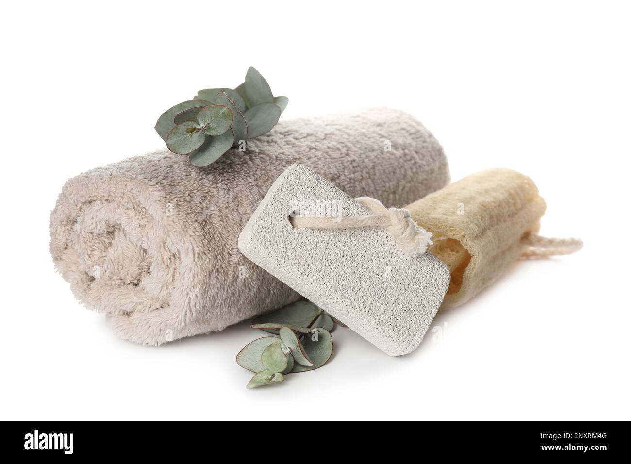 Pumice stone, towel, loofah and eucalyptus on white background Stock ...