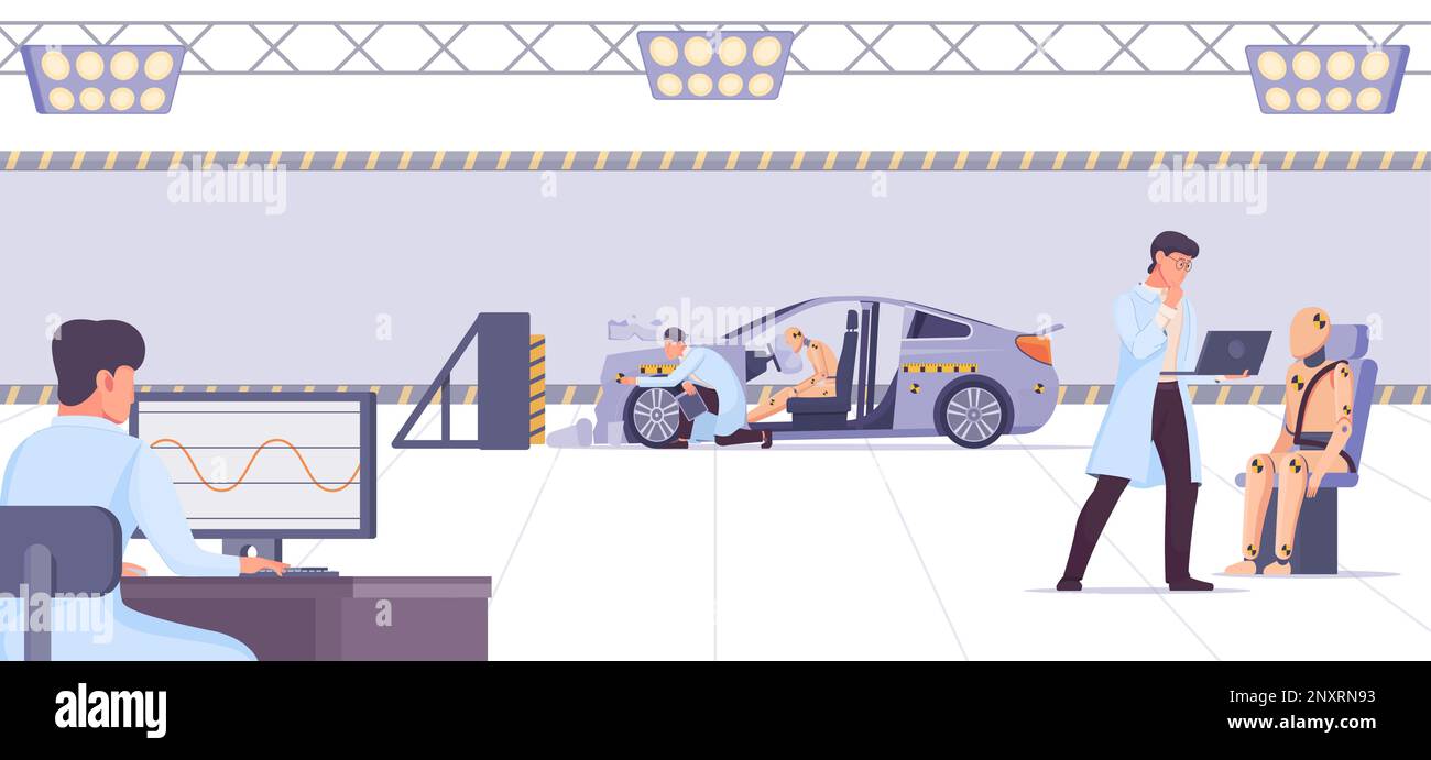 Crash test scene with smashed car dummies and people working on ...