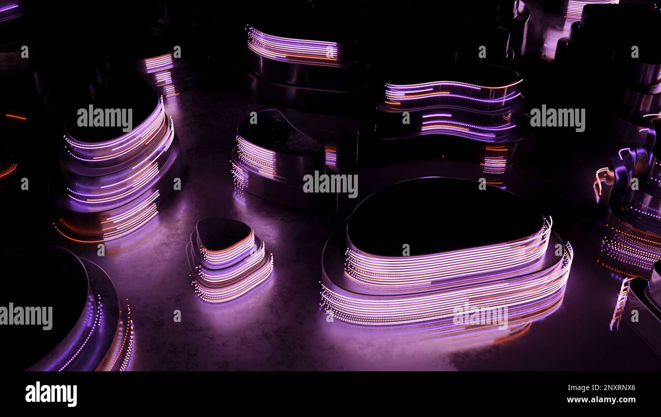 Oval 3d shapes on surface. Design. Dark 3d shapes on surface with neon ...