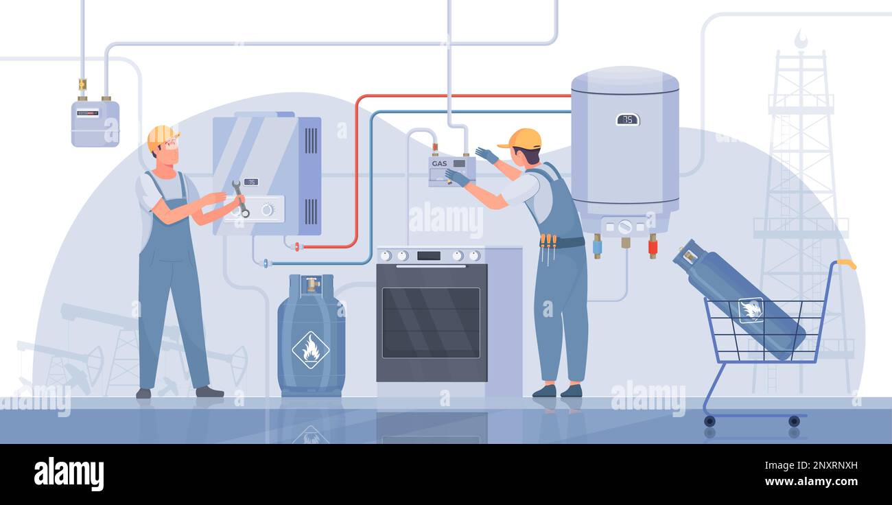 Two technicians fixing domestic gas appliances and installing tank flat ...