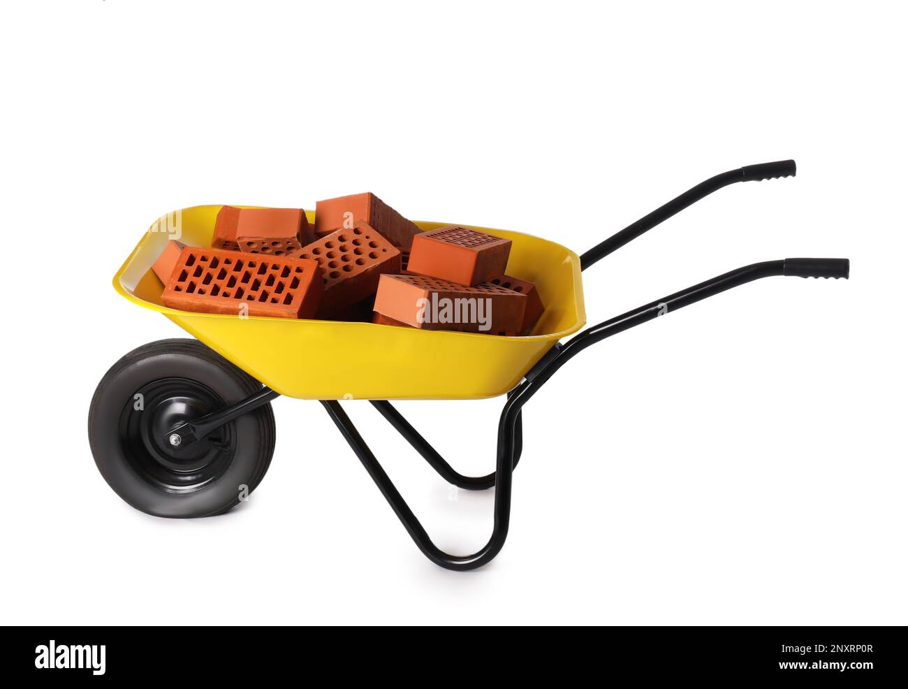 Pile of red bricks in wheelbarrow on white background Stock Photo - Alamy