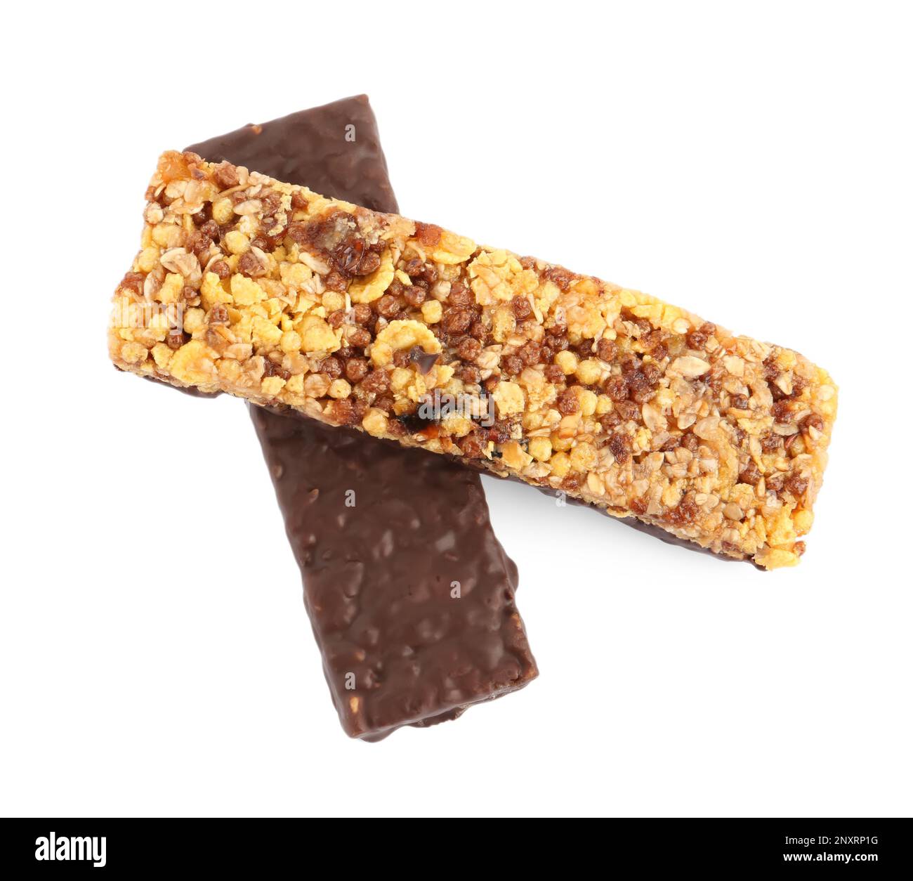 Different protein bars with chocolate on white background, top view ...
