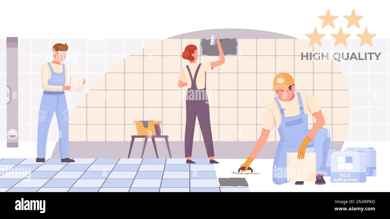 Three professional tilers laying ceramic tiles on wall and floor flat ...