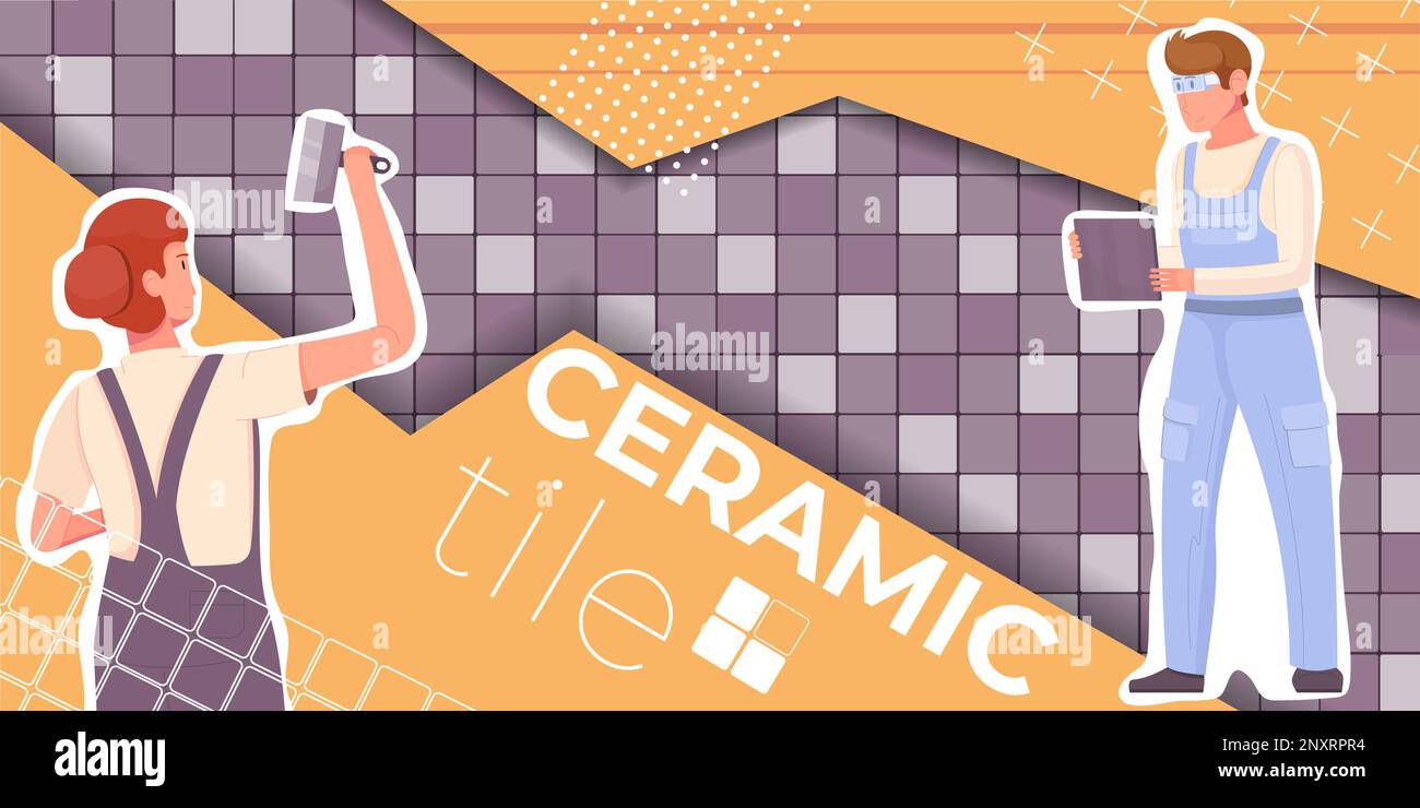 Ceramic tile flat collage with two workers in uniform doing renovation ...