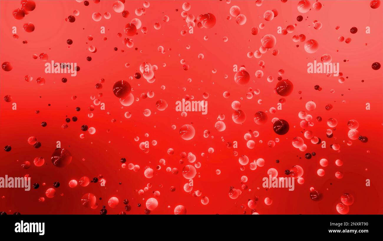 Turquoise and red background. Design.Flying round objects in 3d format ...