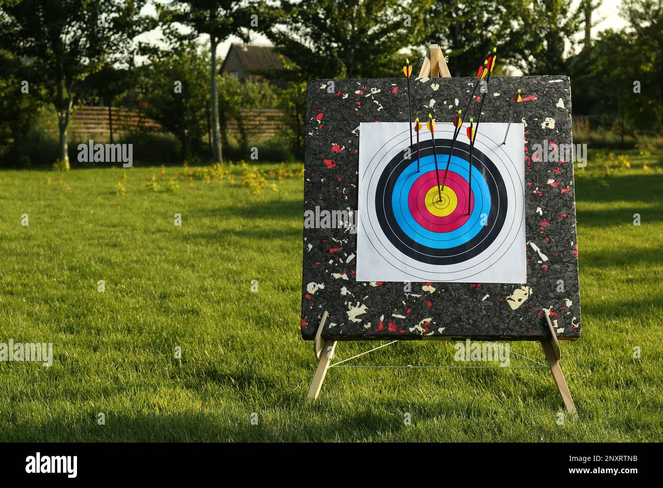 Archery target with arrows in park. Space for text Stock Photo - Alamy