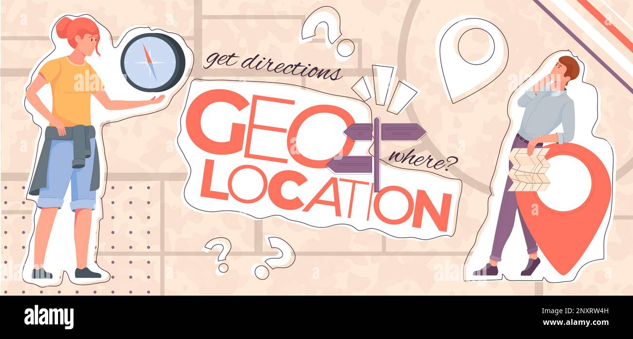 Geolocation getting directions flat collage with pin pointers and ...