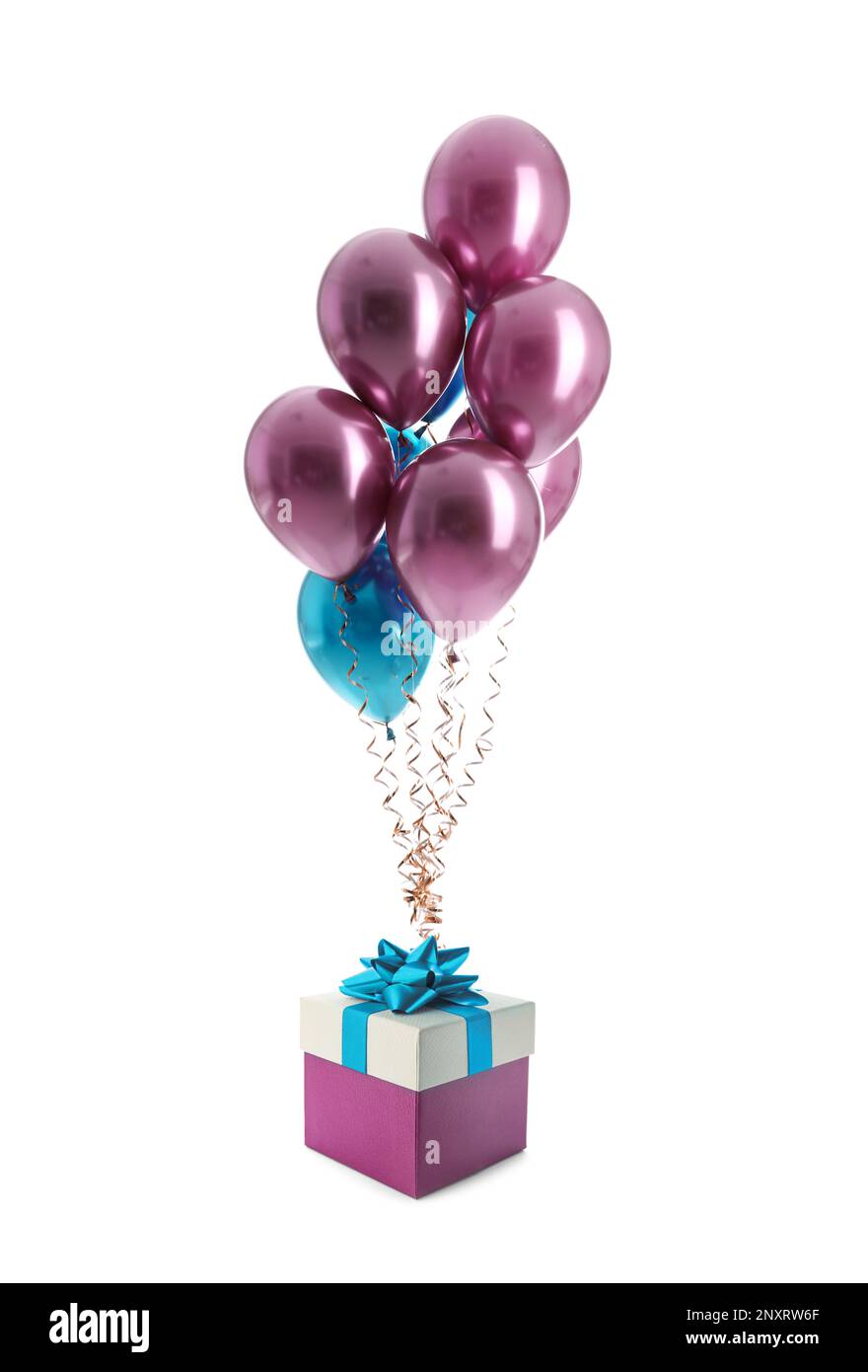 Bunch of color balloons and beautiful gift box with bow on white ...