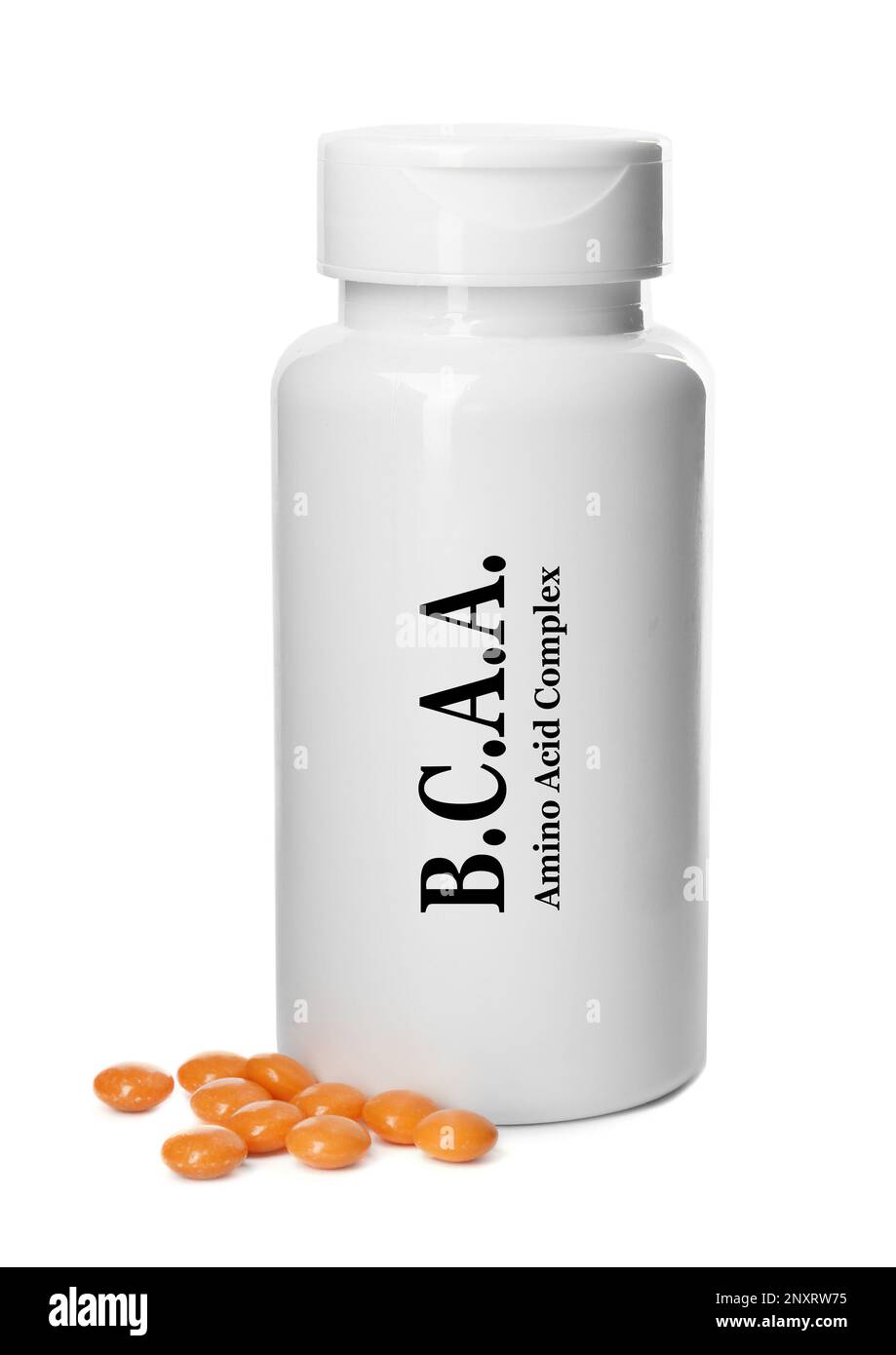 Plastic bottle with Amino Acid Complex (BCAA) and pills on white ...