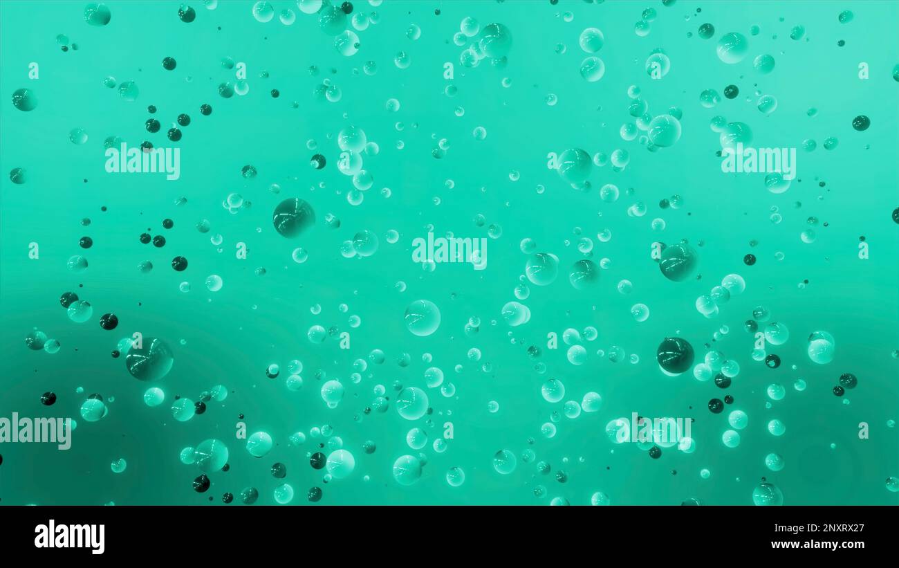 Turquoise and red background. Design.Flying round objects in 3d format ...