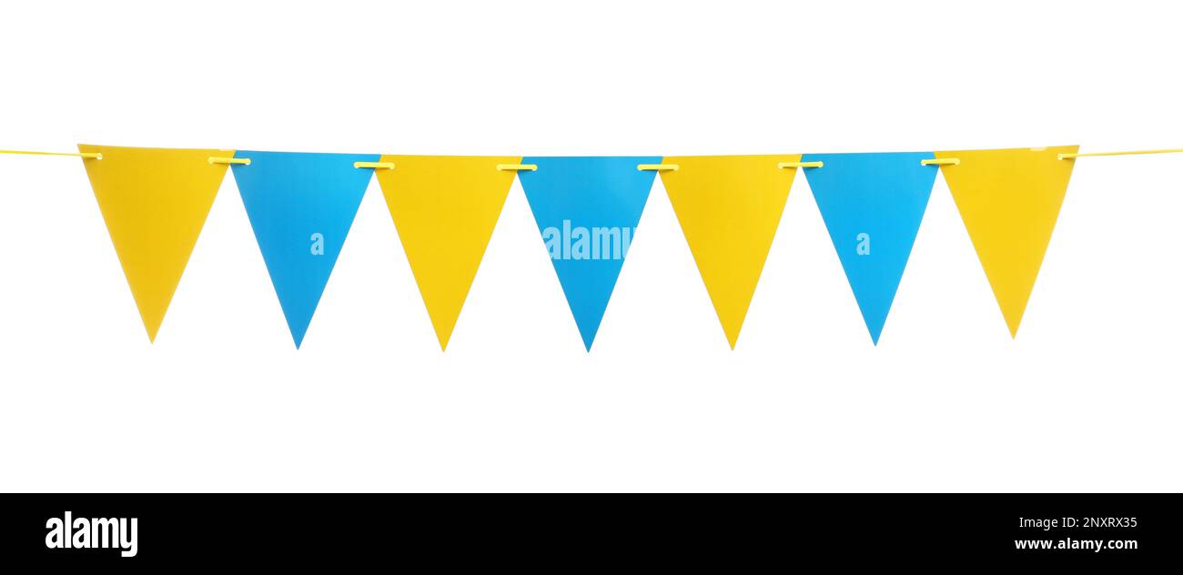 Triangular bunting flags on white background. Festive decor Stock Photo ...